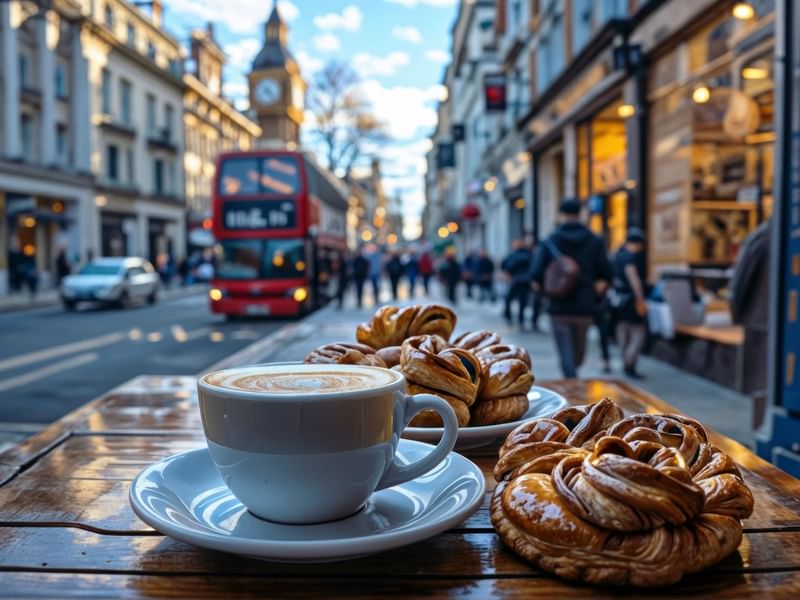 Coffee and pastry on a street in London