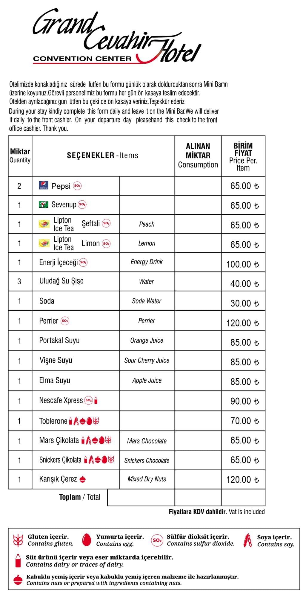Minibar Menu | GRAND CEVAHIR HOTEL & CONVENTION CENTER