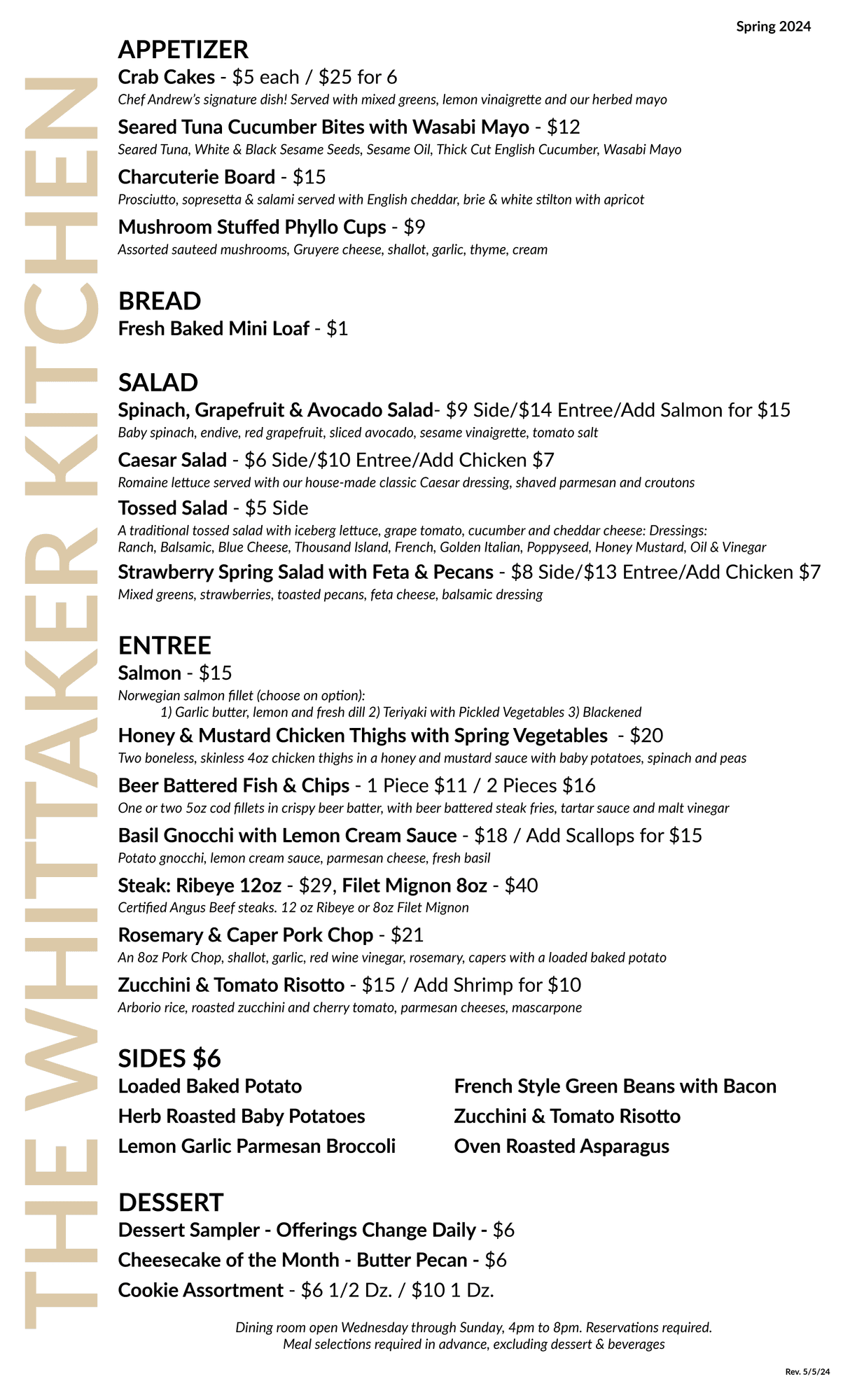 The Whittaker Dinner Menu - The Whittaker Inn West Lafayette