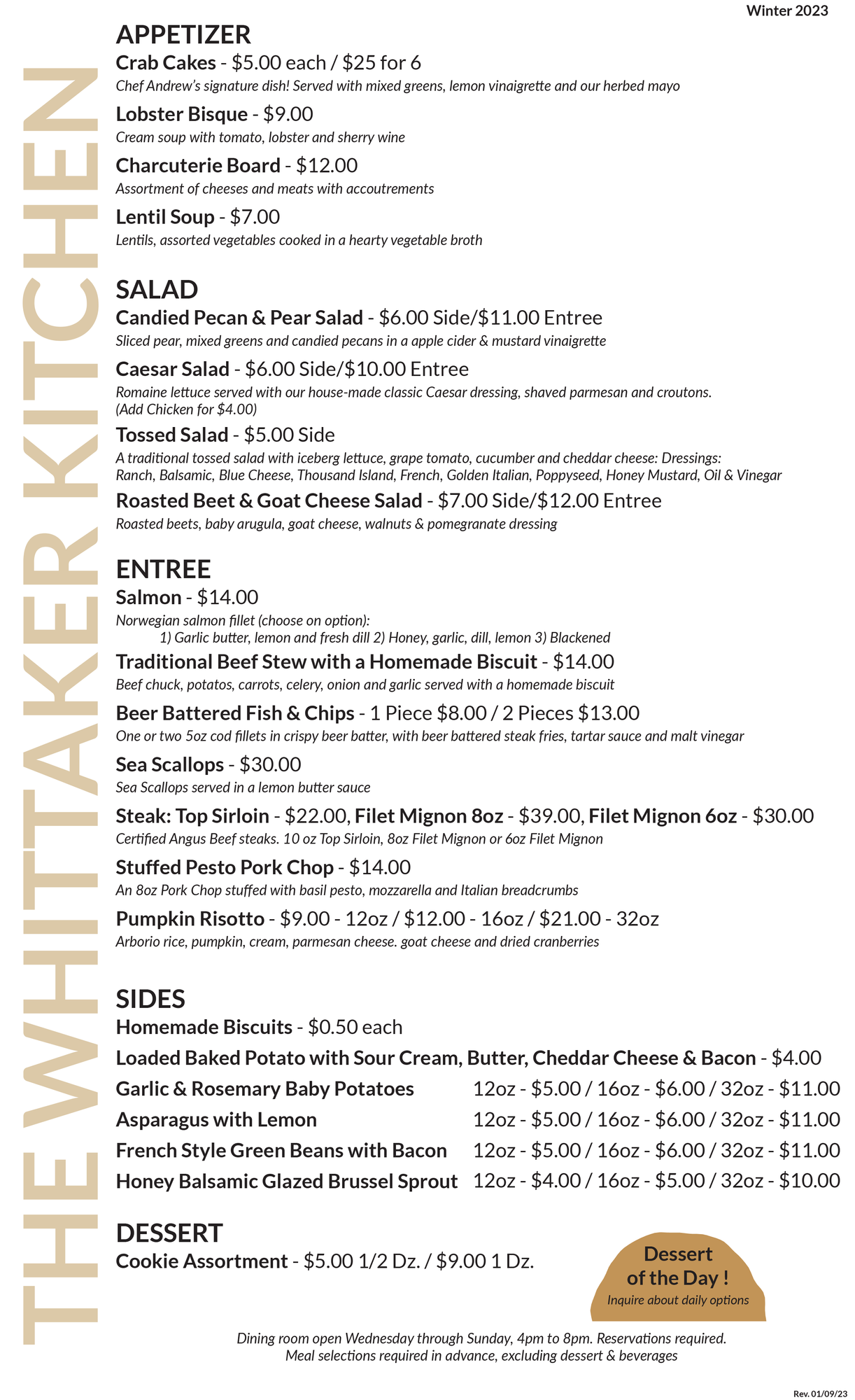 The Whittaker Dinner Menu - The Whittaker Inn West Lafayette